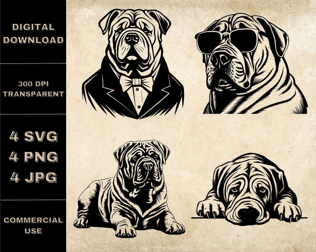 Shar Pei SVG Bundle, PNG, Cute Dogs Clipart, Hand Drawn Peeking Dog ...