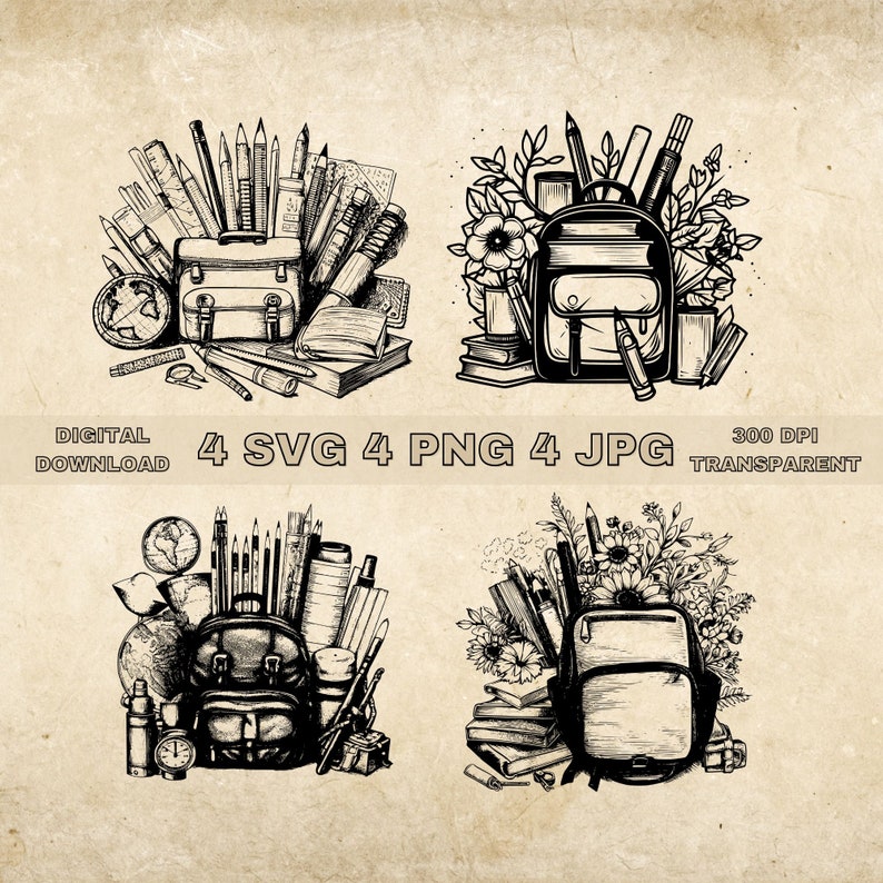 School Supplies SVG Bundle, PNG, School Supplies Clipart, Hand Drawn ...
