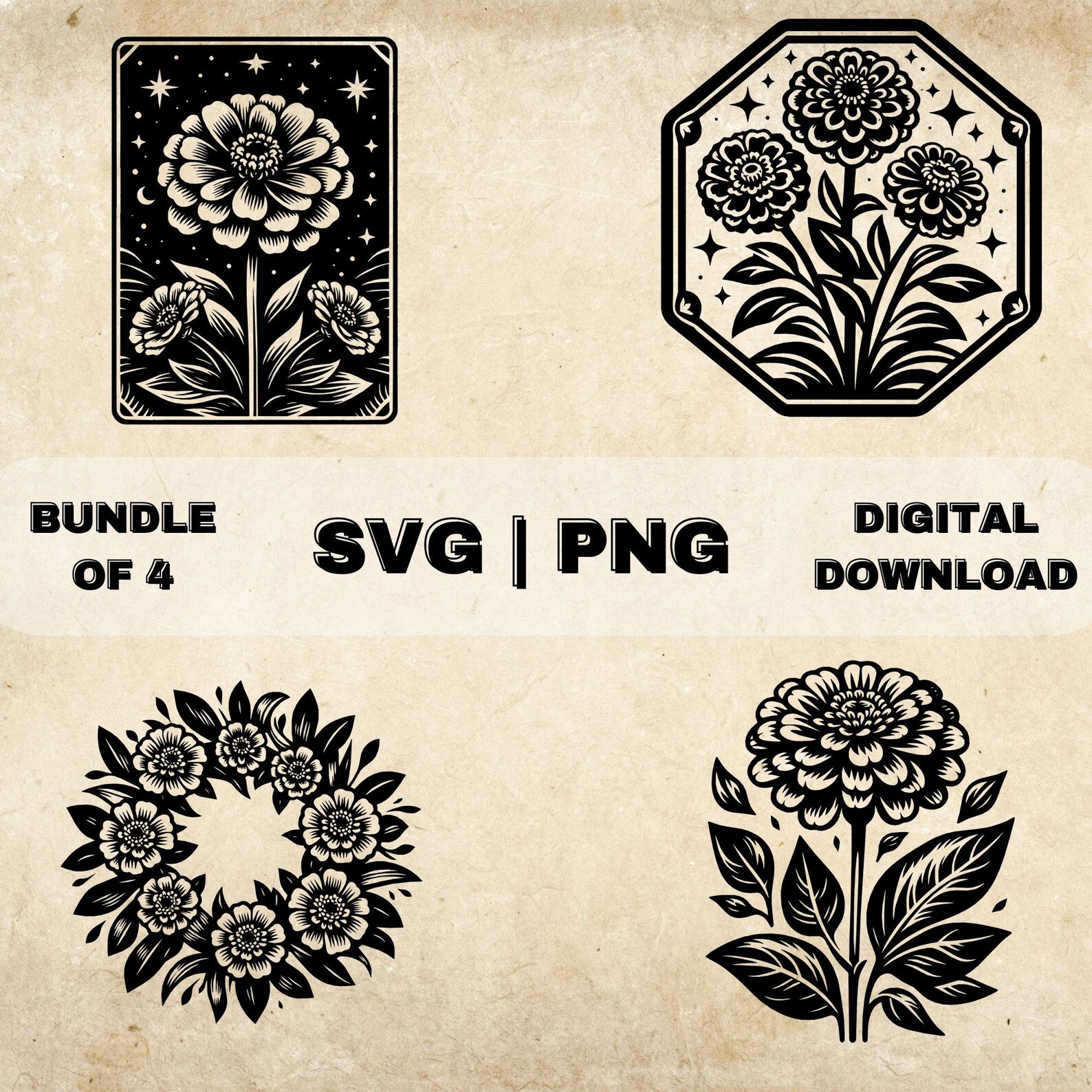 Zinnia SVG Bundle, Zinnias Flowers Clipart, Hand Drawn Floral Theme ...