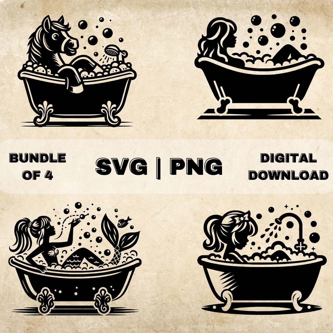 Bathtub SVG Bundle, Bathroom Clipart, Hand Drawn Bath Tub Theme Vector ...