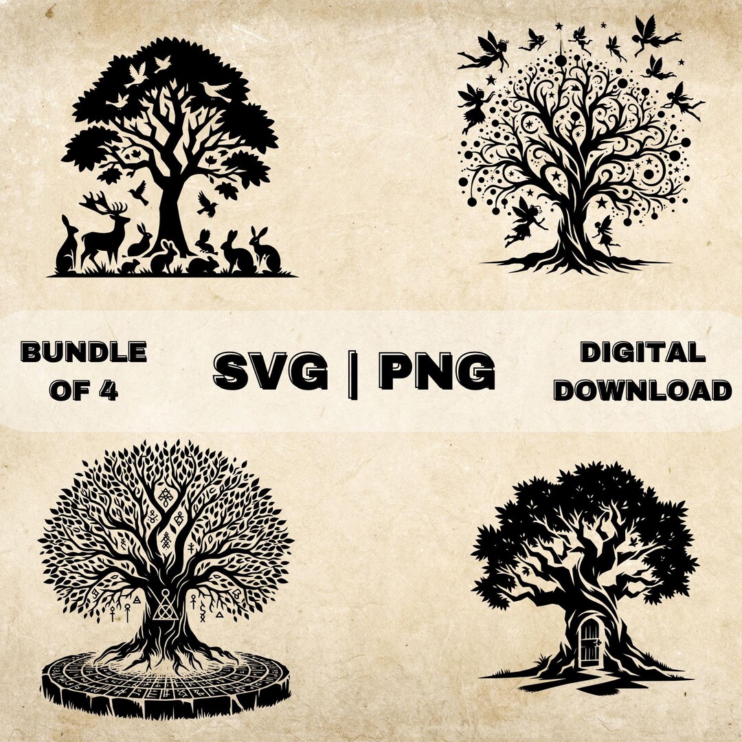 Ancient Tree SVG Bundle, PNG, Magical Clipart, Hand Drawn Woodland ...