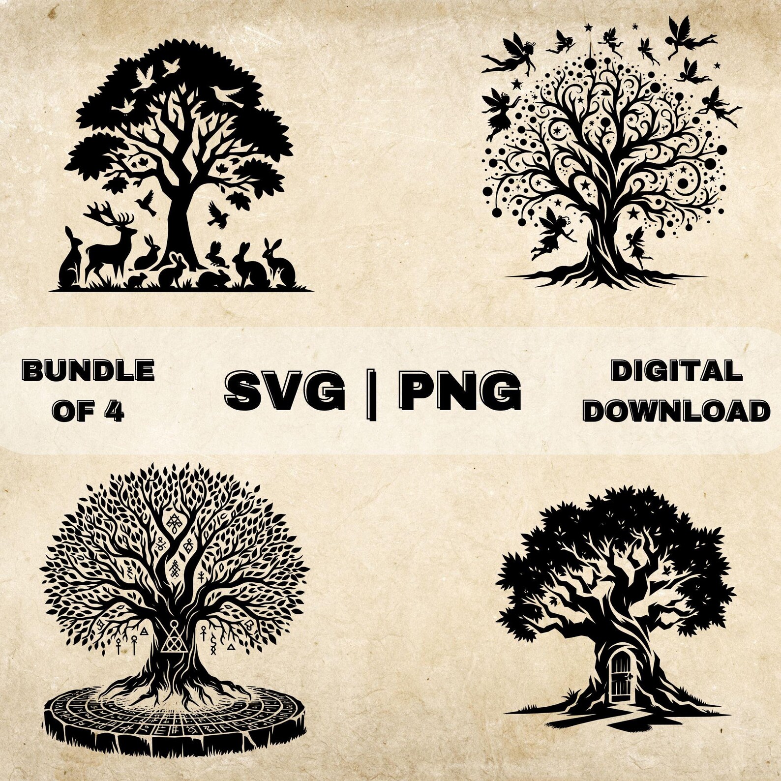 Ancient Tree SVG Bundle, PNG, Magical Clipart, Hand Drawn Woodland ...