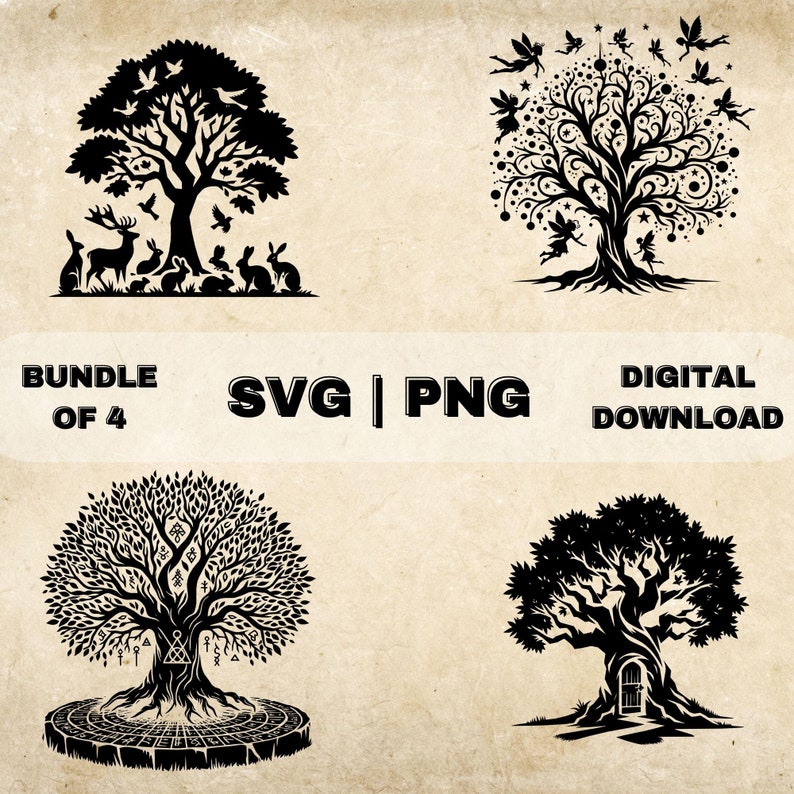 Ancient Tree SVG Bundle, PNG, Magical Clipart, Hand Drawn Woodland ...