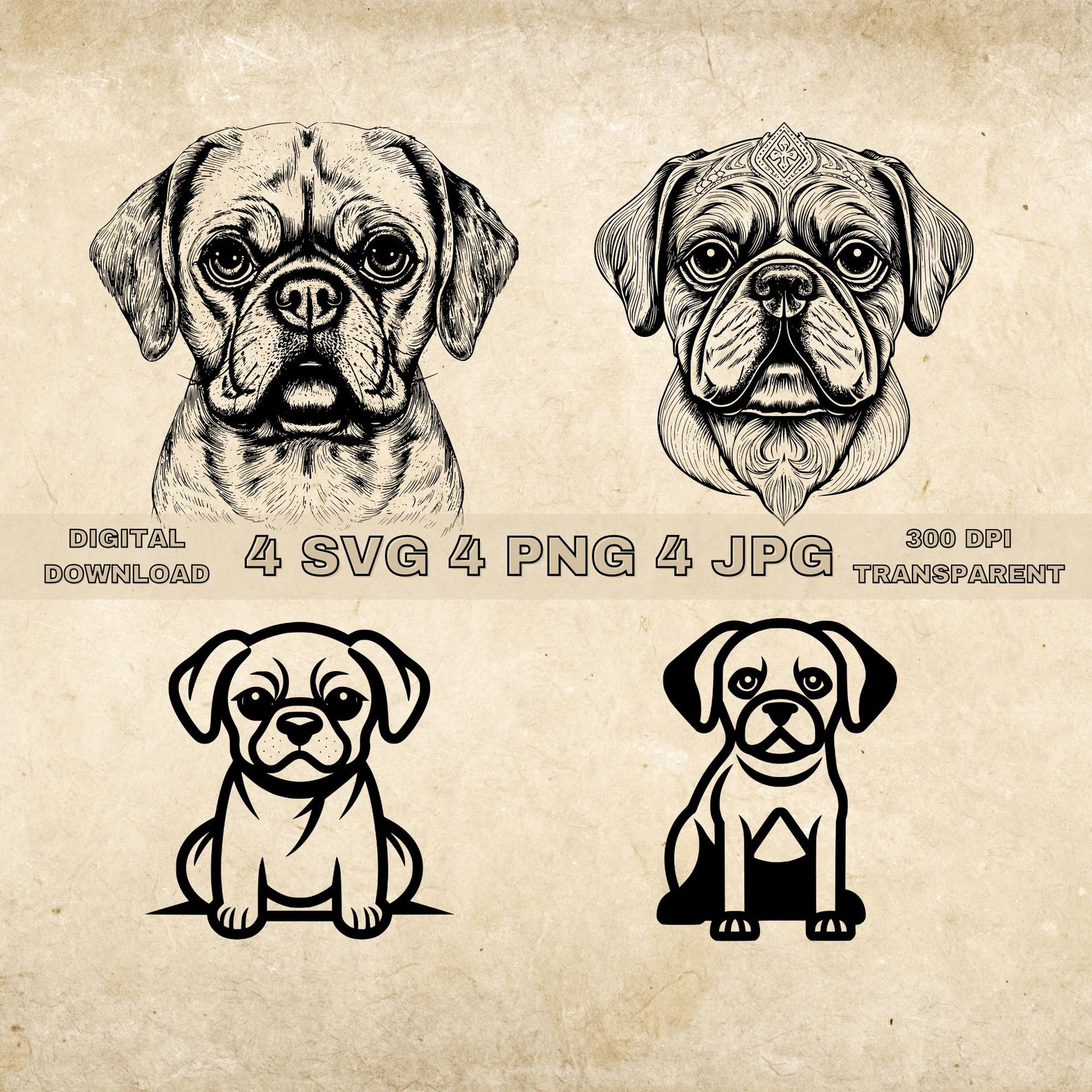 Puggle SVG Bundle, PNG, Dogs Clipart, Hand Drawn Dog Vector ...