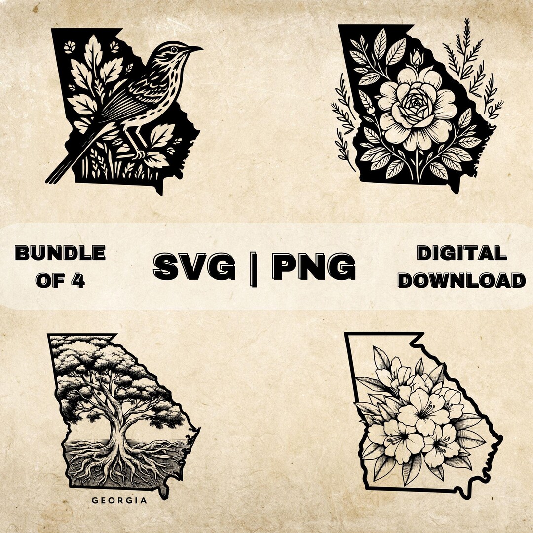 Georgia State SVG Bundle, Georgia Clipart, Hand Drawn Flower, Bird, Oak ...