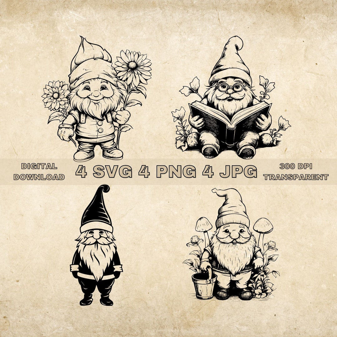 Gnome SVG Bundle, PNG, Garden Gnome Clipart, Hand Drawn Gnomes Vector ...