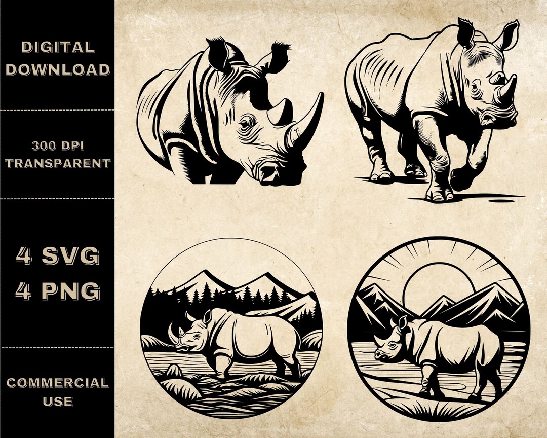 Rhinoceros SVG Bundle, PNG, Rhino Clipart, Hand Drawn Rhinoceros Vector ...
