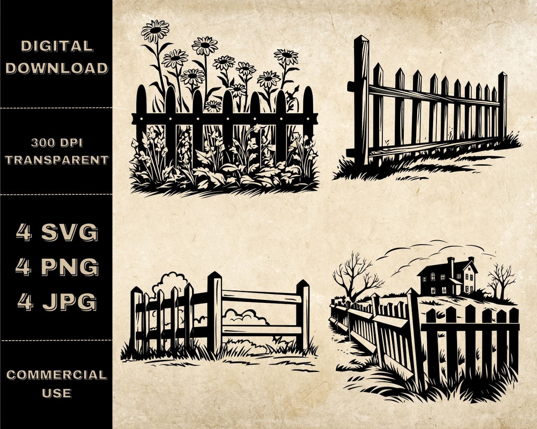 Fence Svg Bundle, PNG, Floral Fence Clipart, Hand Drawn Farm Fence ...