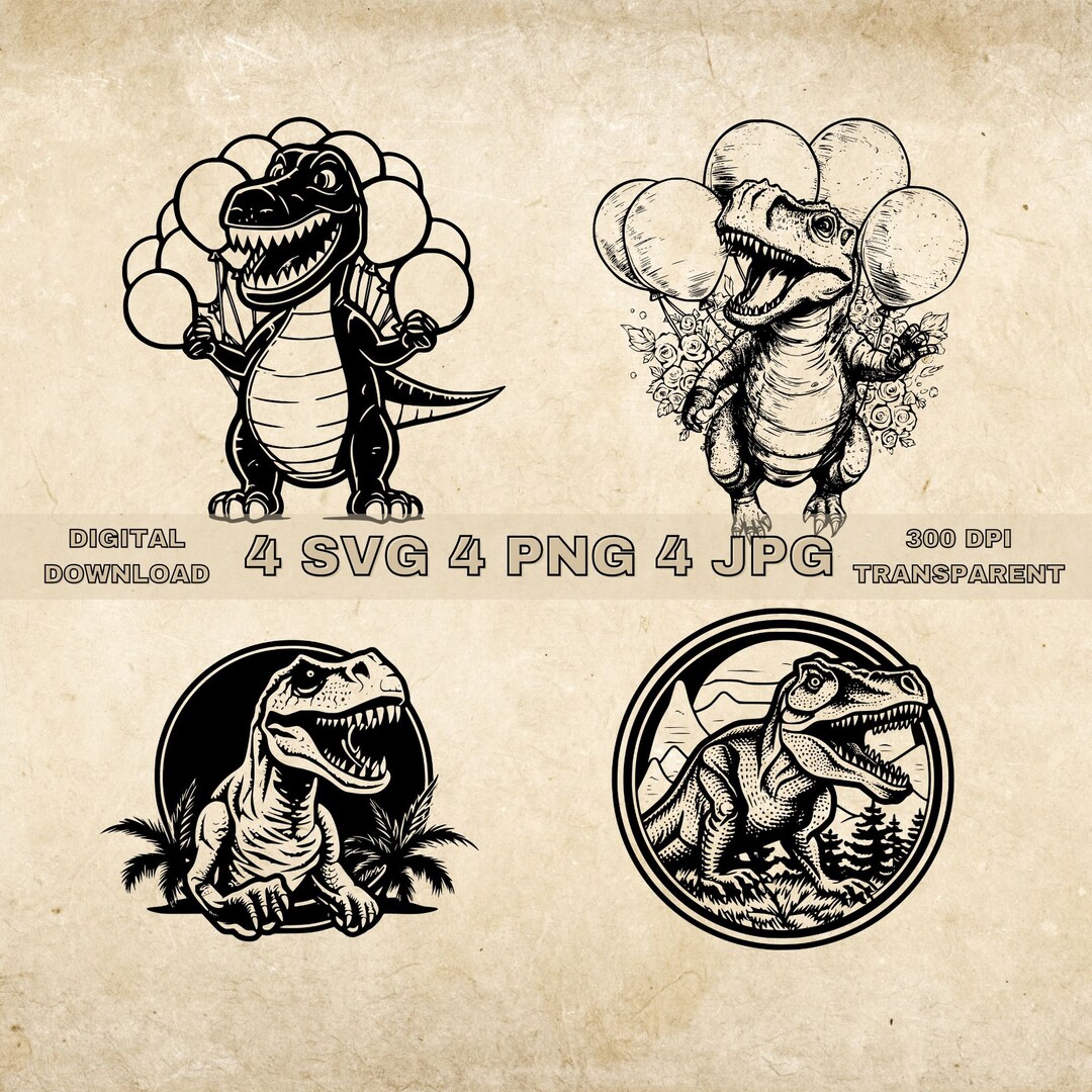 Dinosaur SVG Bundle, PNG, Dinosaurs and Balloons Clipart, Hand Drawn T ...