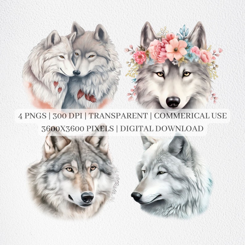 Floral Wolf Clipart Wolves PNG Files for Sublimation Wolf - Etsy