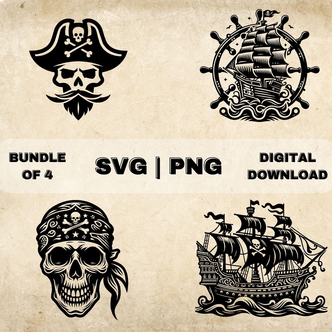 Pirate Ship Wheel SVG Bundle, Pirate Skull Clipart, Hand Drawn Pirates ...