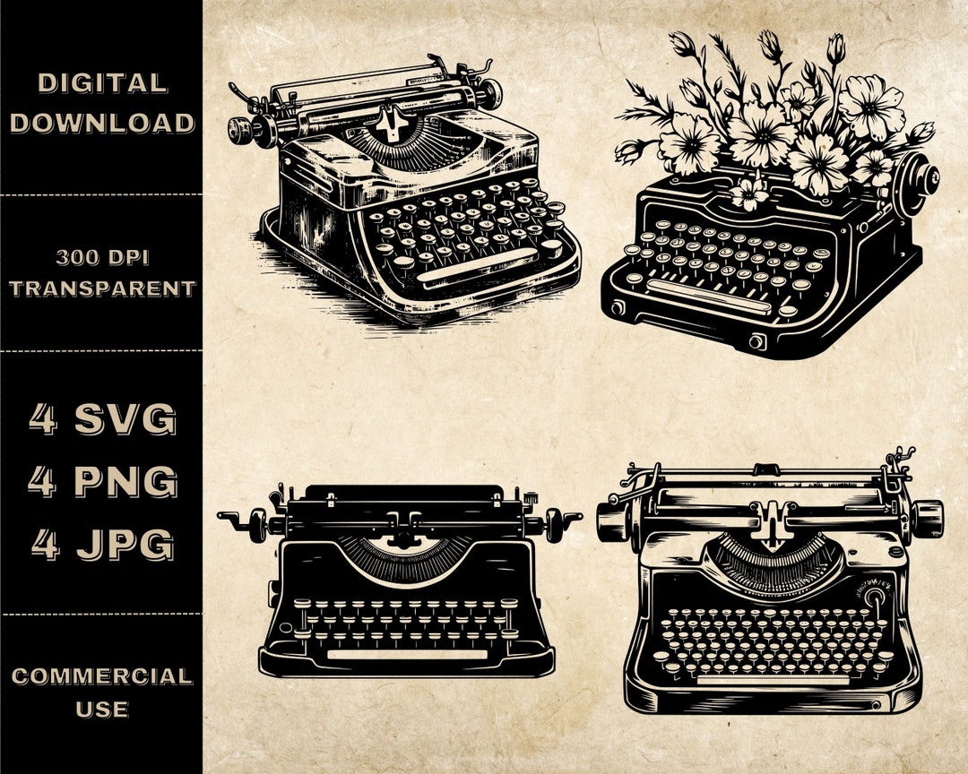 Typewriter SVG Bundle, PNG, Typewriter Clipart, Hand Drawn Floral ...