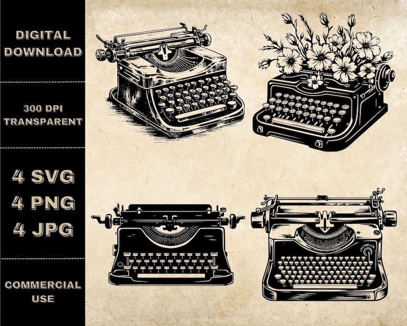 Typewriter SVG Bundle, PNG, Typewriter Clipart, Hand Drawn Floral ...
