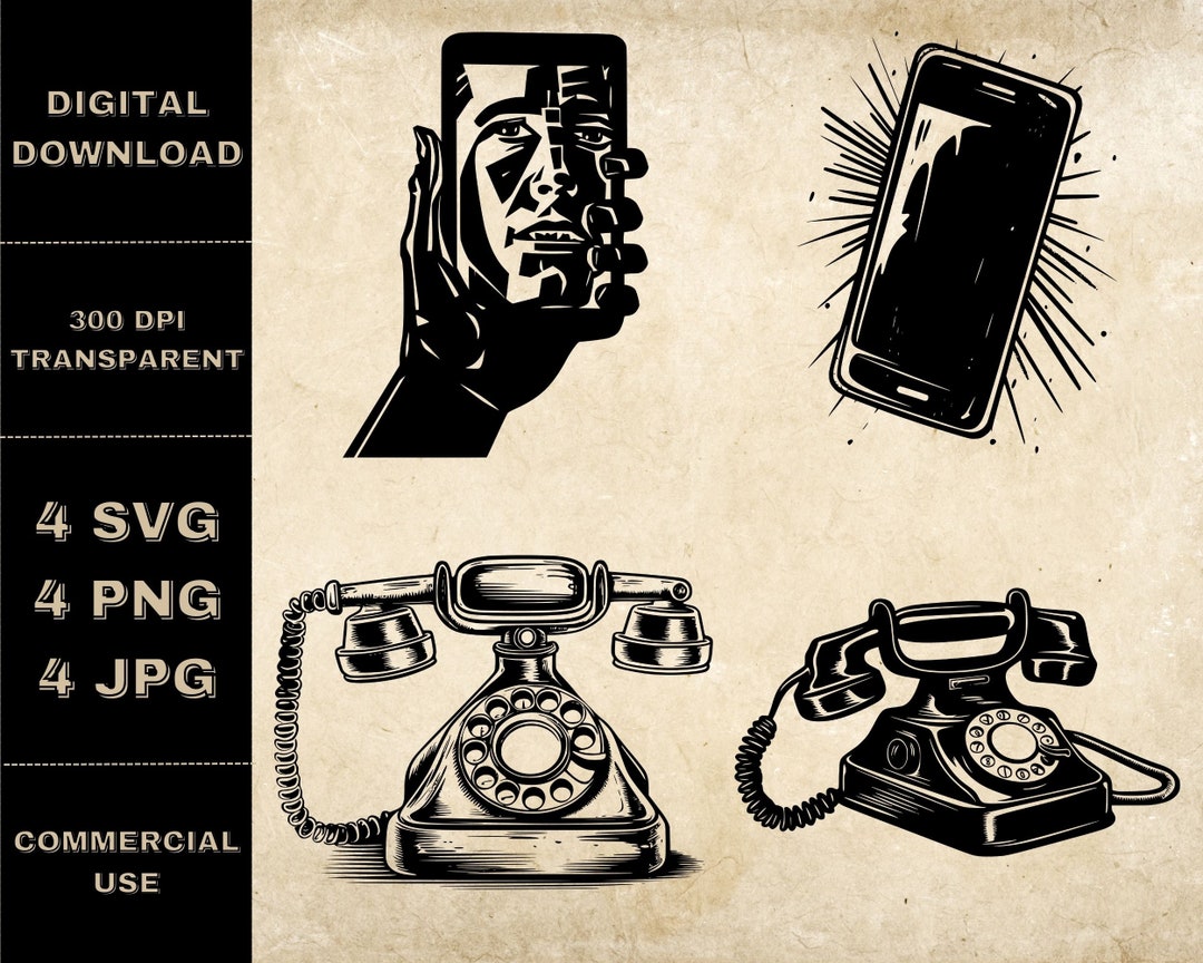 Cellphone SVG Bundle, PNG, Old Telephone Clipart, Hand Drawn Cell Phone ...