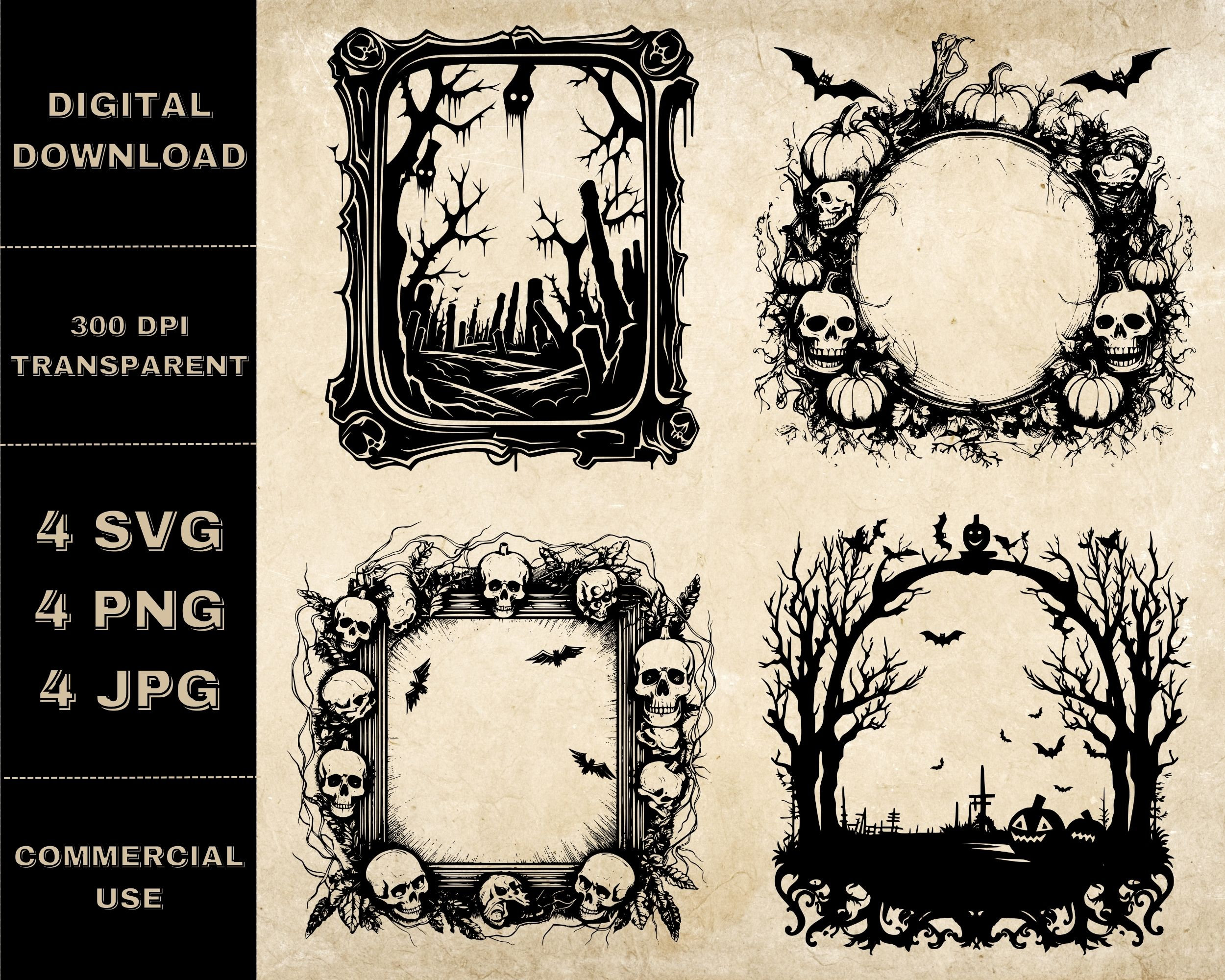 Halloween Frame SVG Bundle, PNG, Halloween Scary Clipart, Hand Drawn ...