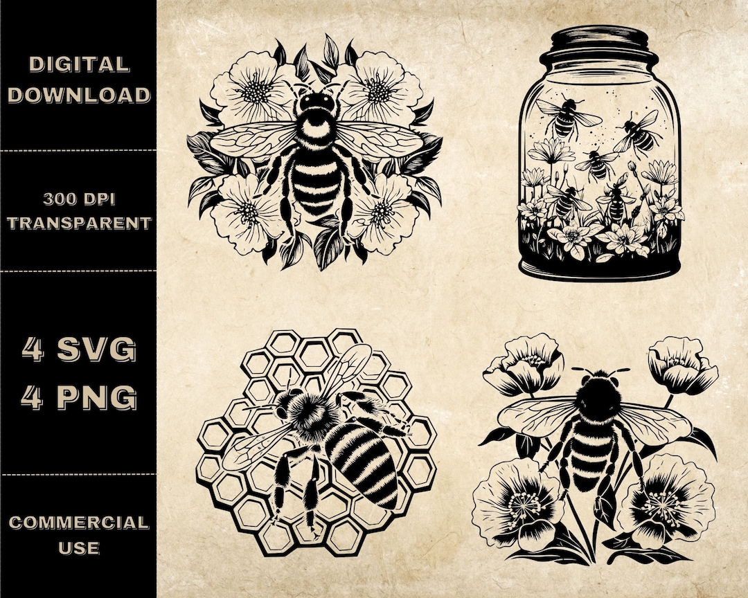 Bee SVG Bundle, PNG, Honey Bee Clipart, Hand Drawn Bees Themed Vector ...