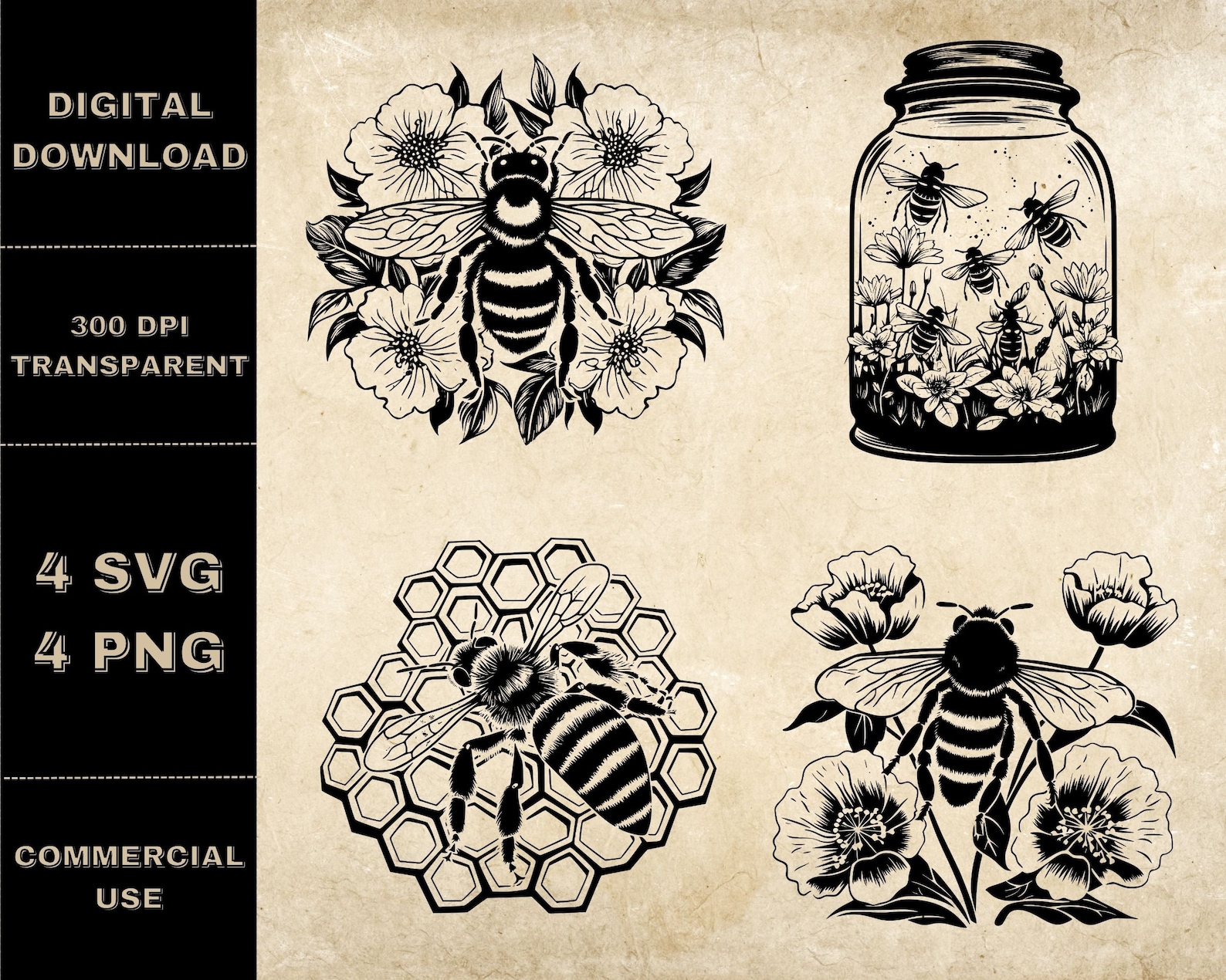 Bee SVG Bundle, PNG, Honey Bee Clipart, Hand Drawn Bees Themed Vector ...