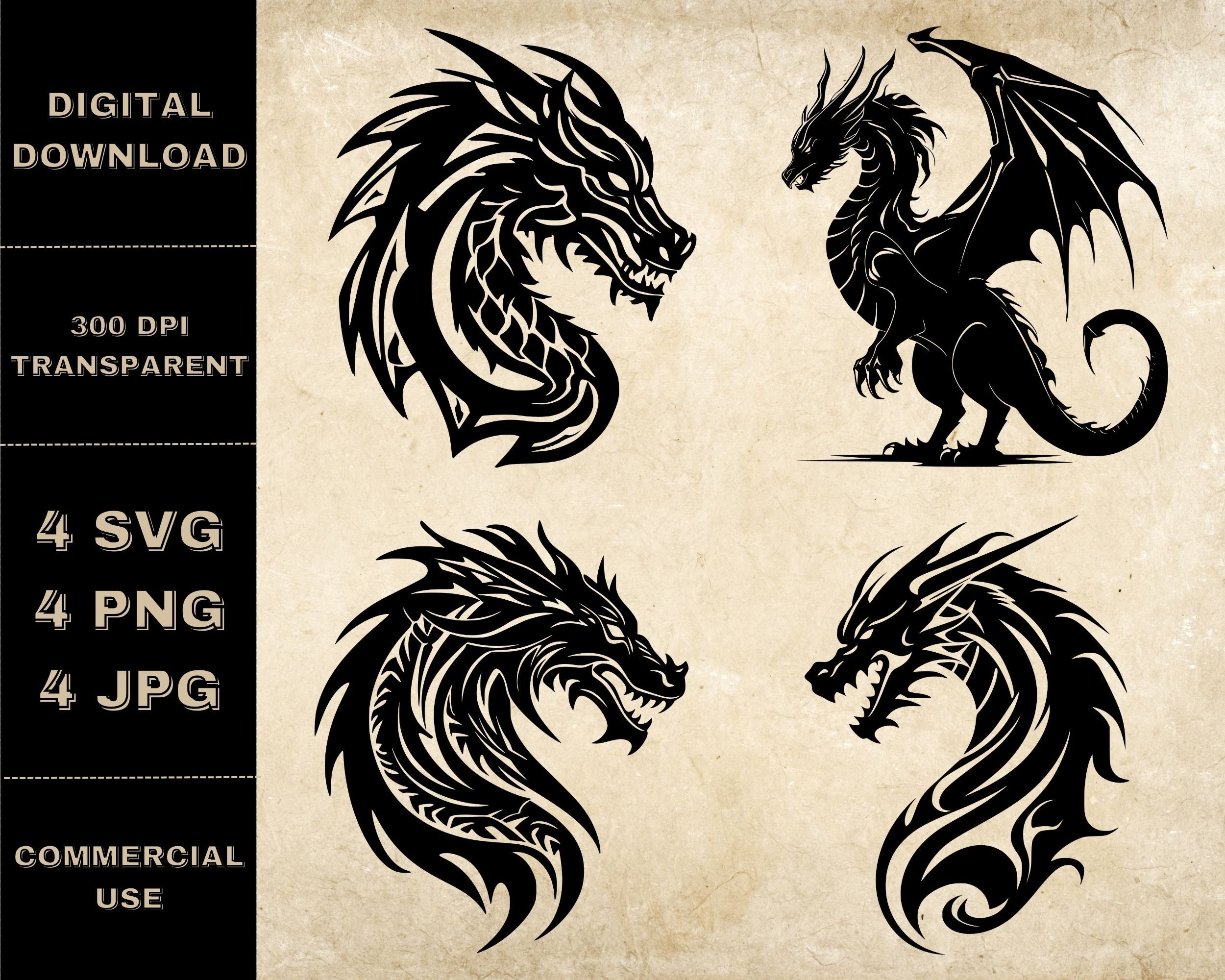 Dragon SVG Bundle, PNG, Dragon Head Clipart, Hand Drawn Dragons Vector ...
