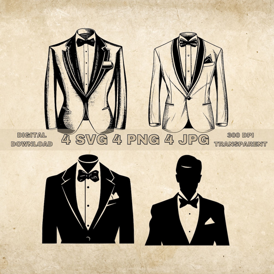 Tuxedo SVG Bundle, PNG, Wedding Tuxedo Clipart, Hand Drawn Suit Bow Tie ...