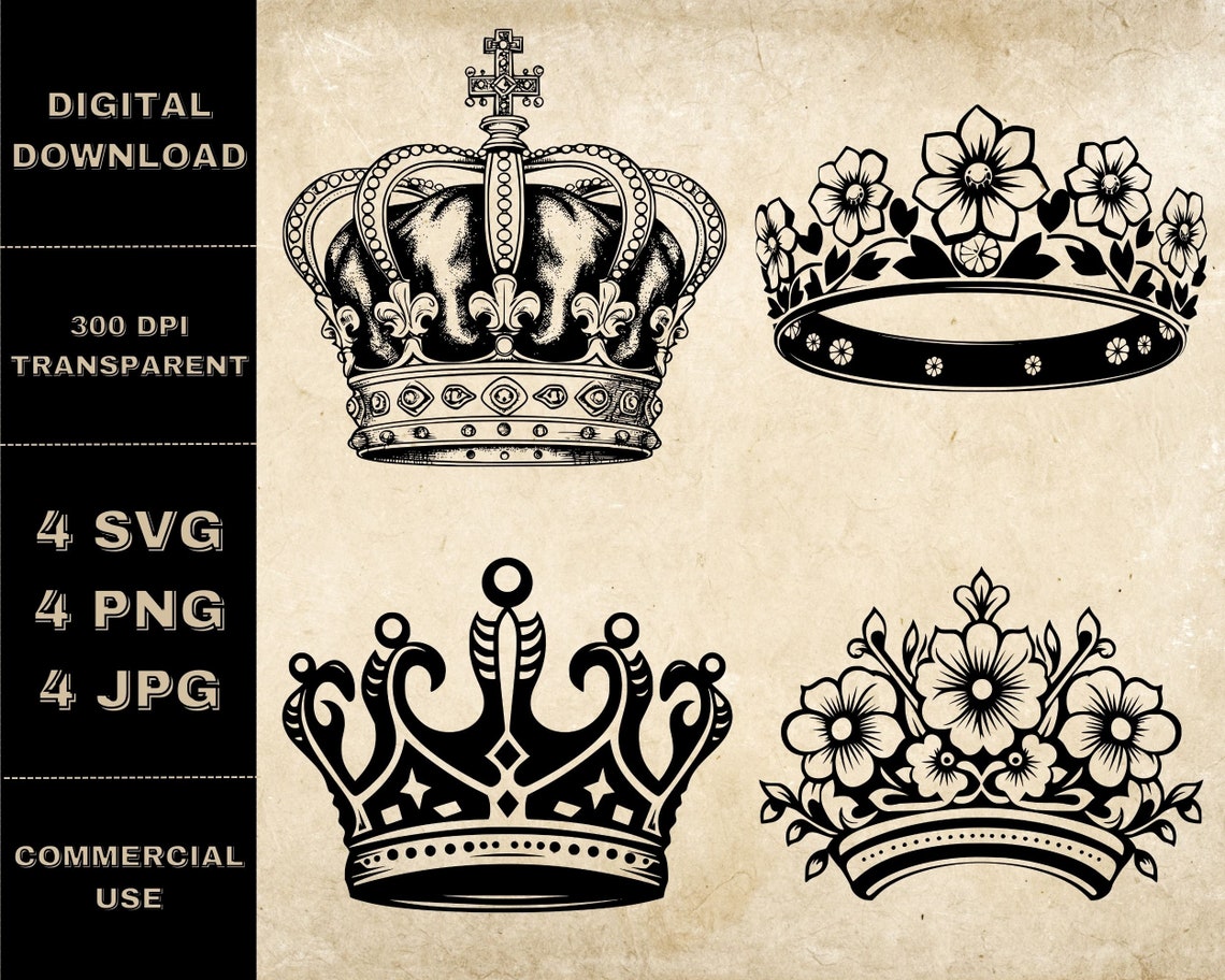 Royal Crown SVG Bundle PNG Floral Crown Clipart Hand Drawn - Etsy