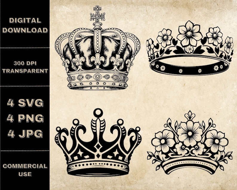 Royal Crown SVG Bundle PNG Floral Crown Clipart Hand Drawn - Etsy