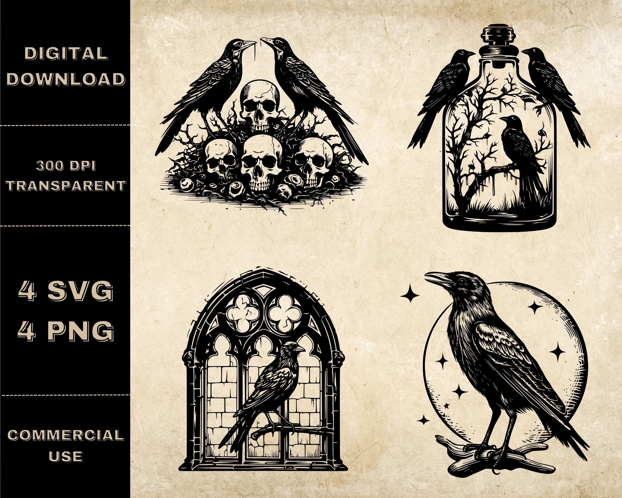 Raven SVG Bundle, PNG, Black Crow Clipart, Hand Drawn Halloween Themed ...