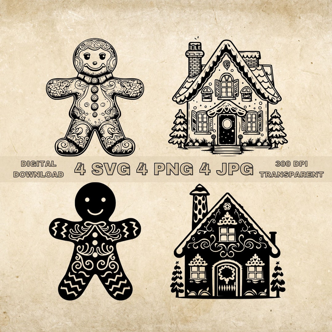 Gingerbread SVG Bundle, PNG, Gingerbread House Clipart, Hand Drawn ...