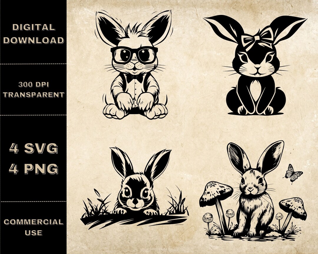 Cute Rabbit SVG Bundle, PNG, Baby Bunny Clipart, Hand Drawn Rabbits ...