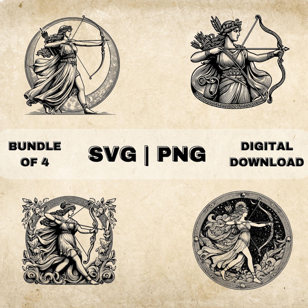 Artemis SVG Bundle, Moon Goddess Clipart, Hand Drawn Greek Mythology ...