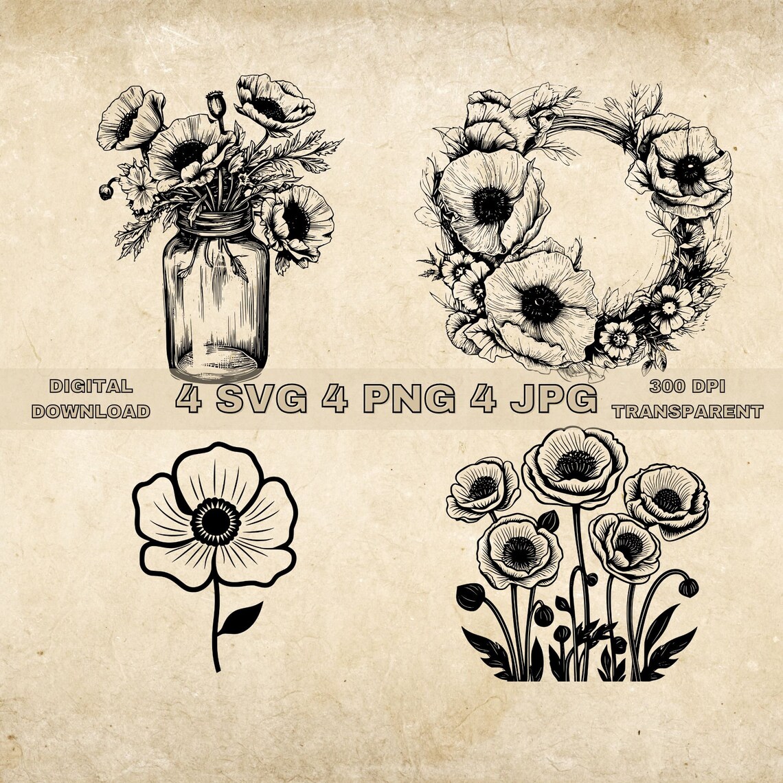 Poppy SVG Bundle, PNG, Flowers Clipart Cut Files, Floral Wreath and ...