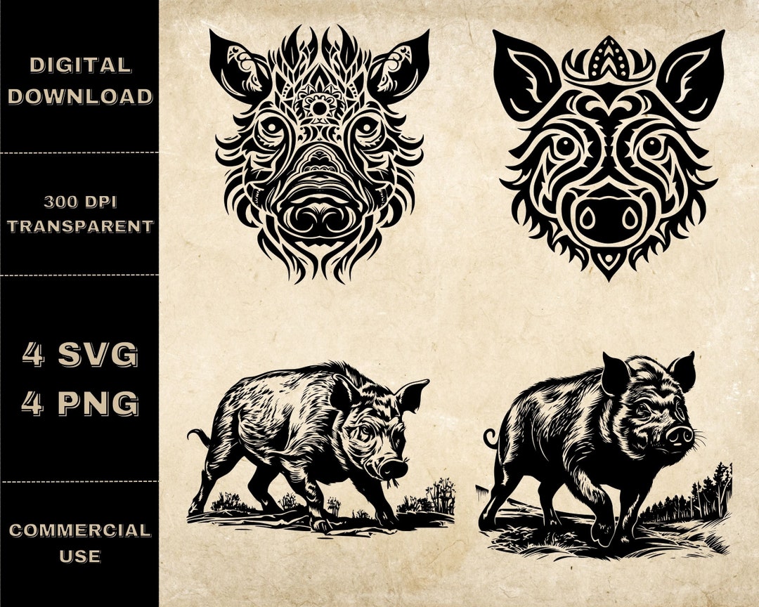 Wild Boar SVG Bundle, PNG, Boar Head Clipart, Hand Drawn Boars Vector ...