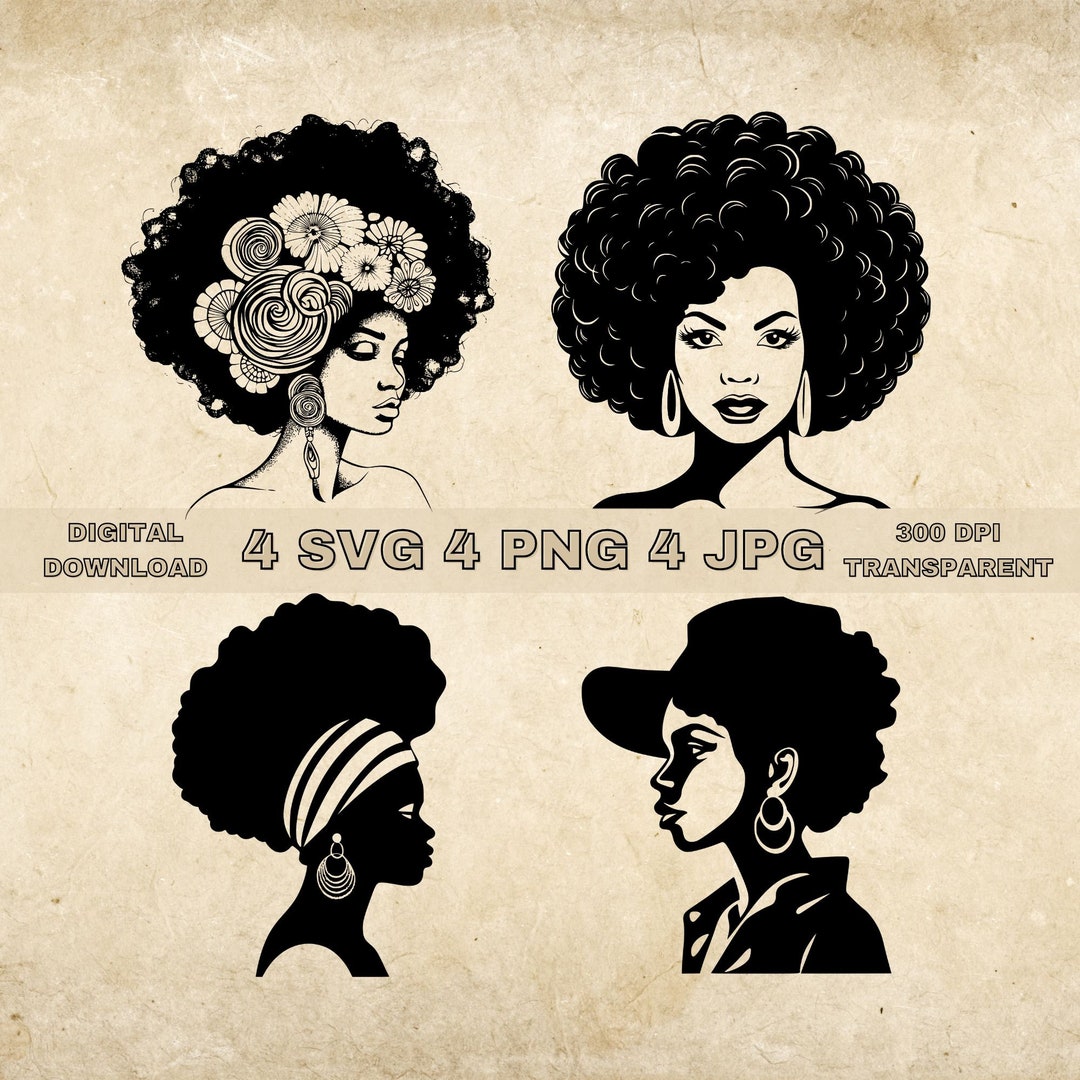 Black Woman SVG Bundle, PNG, Afro Women Clipart, Hand Drawn Afro Diva ...