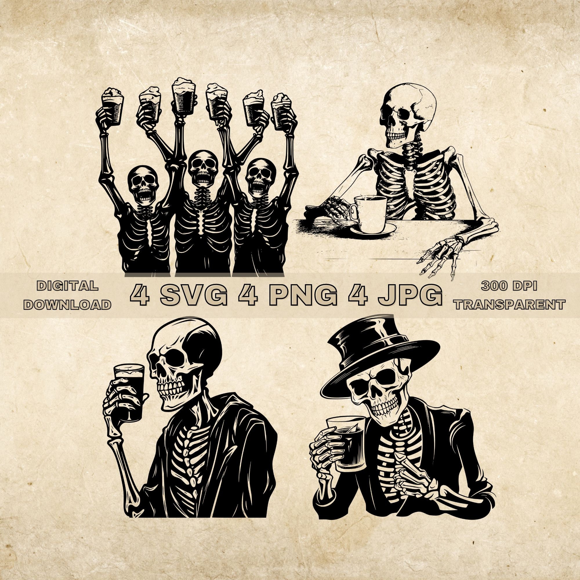 Skeleton Drinking SVG Bundle, PNG, Funny Skeletons Clipart, Hand Drawn ...