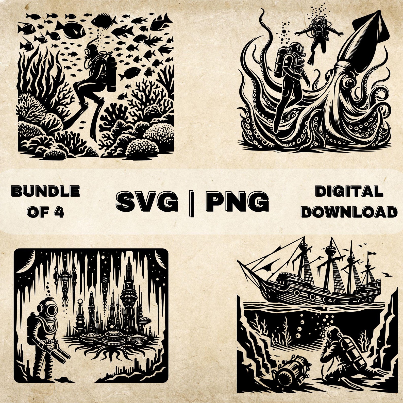 Underwater SVG Bundle, PNG, Diving Clipart, Hand Drawn Under Water ...