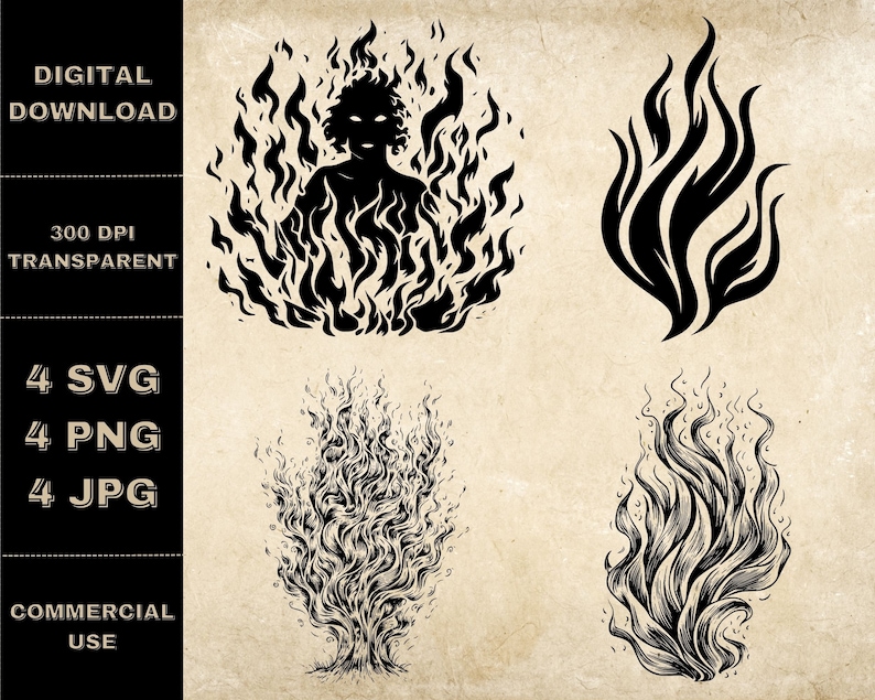 Fire SVG Bundle, PNG, Flame Clipart, Hand Drawn Flames Vector ...