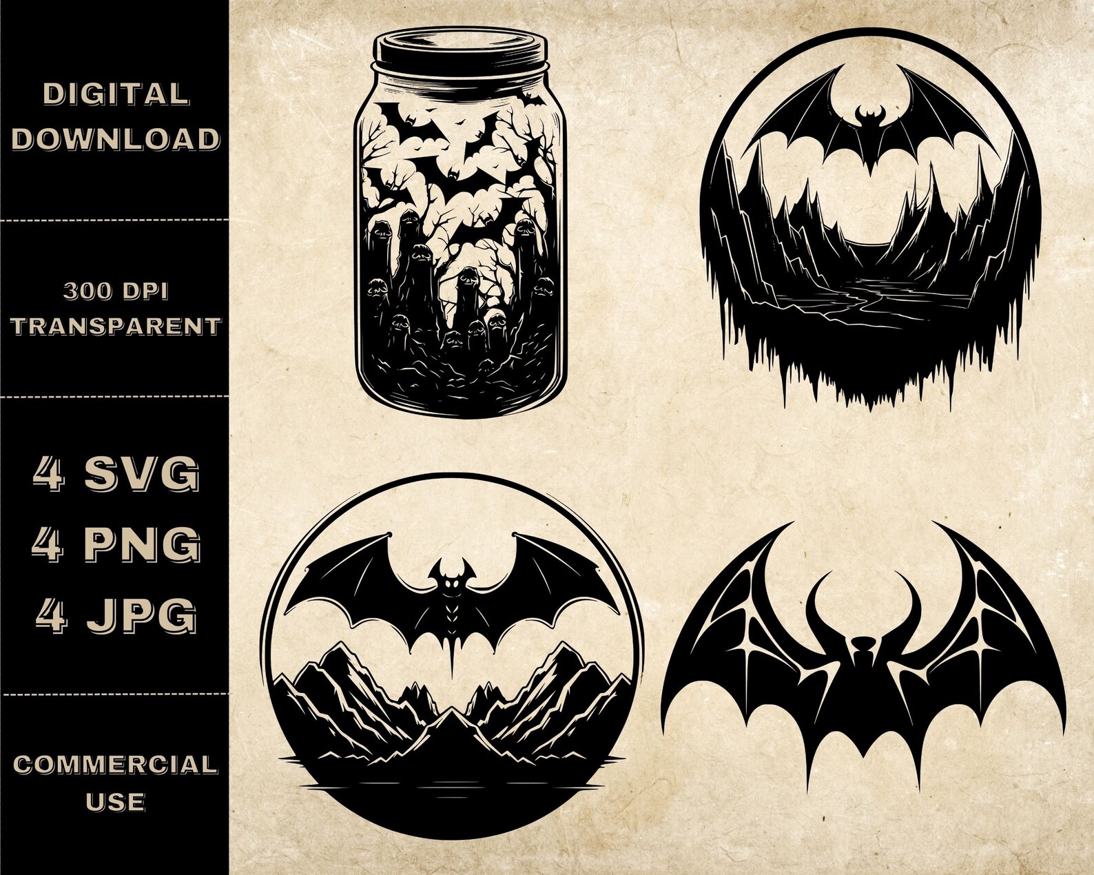 Bat SVG Bundle, PNG, Halloween Bats Clipart, Hand Drawn Bat Vector ...