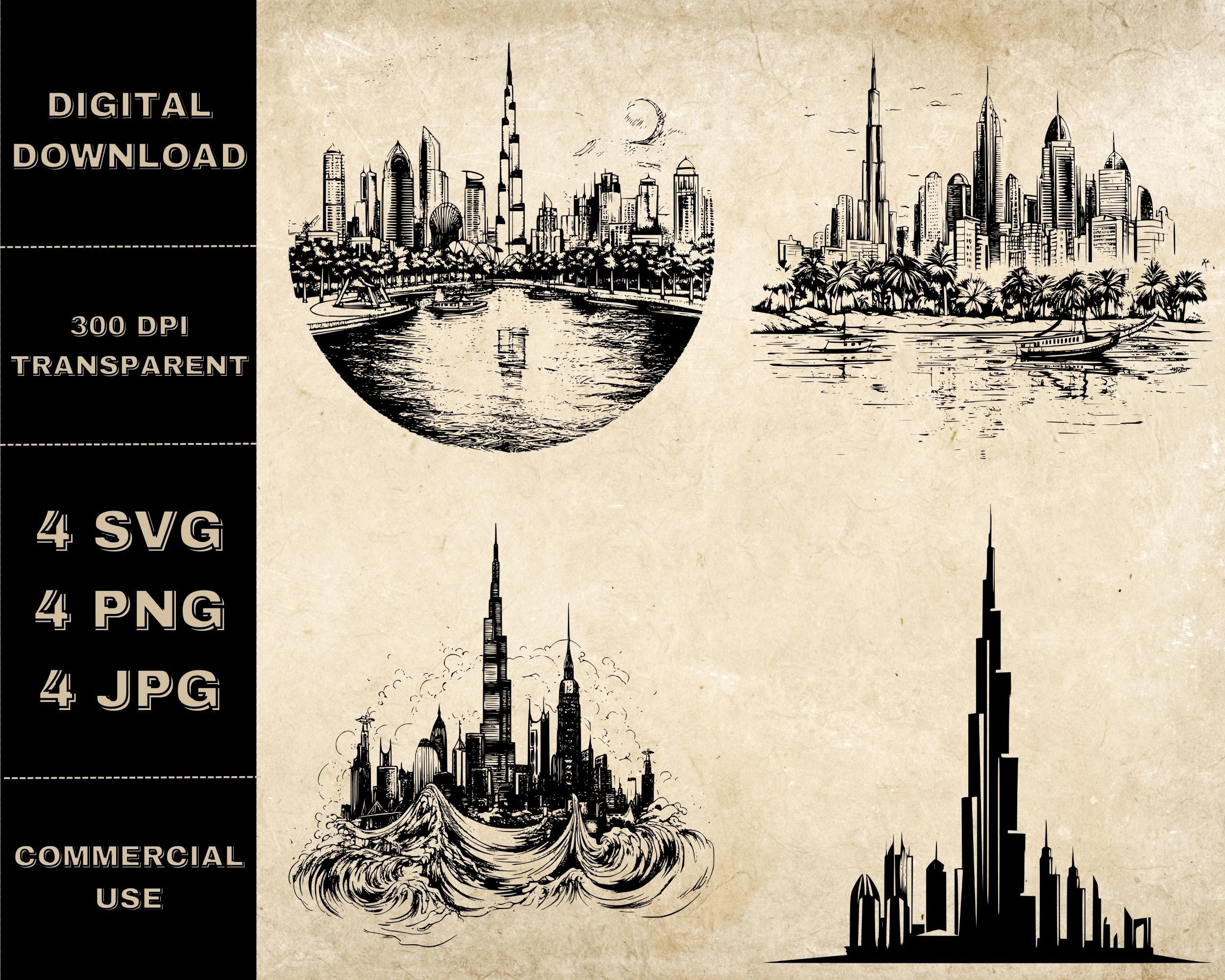 Dubai SVG Bundle, PNG, Dubai Clipart, Hand Drawn Burj Khalifa Vector ...