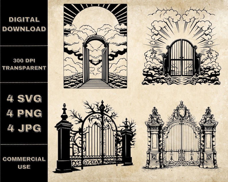 Heaven Gates SVG Bundle, PNG, Gate Clipart, Hand Drawn Gates Vector ...