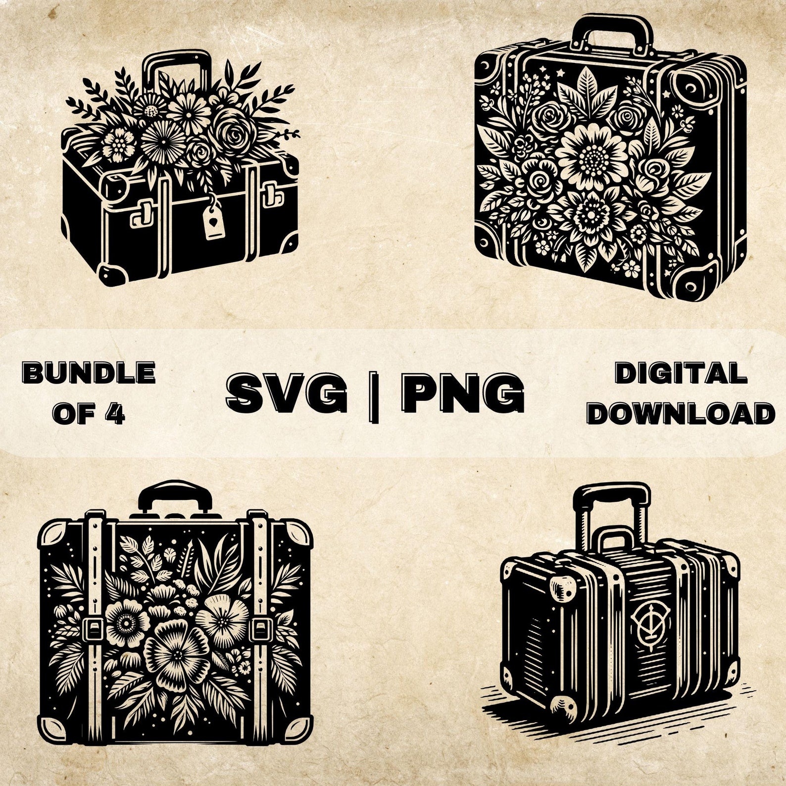 Suitcase SVG Bundle, Luggage Clipart, Hand Drawn Floral Travel Theme ...