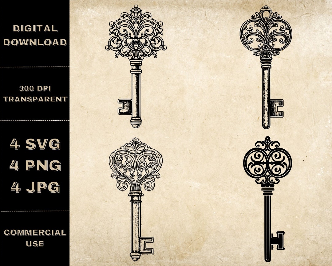 Key SVG Bundle, PNG, Vintage Key Clipart, Hand Drawn Keys Vector ...