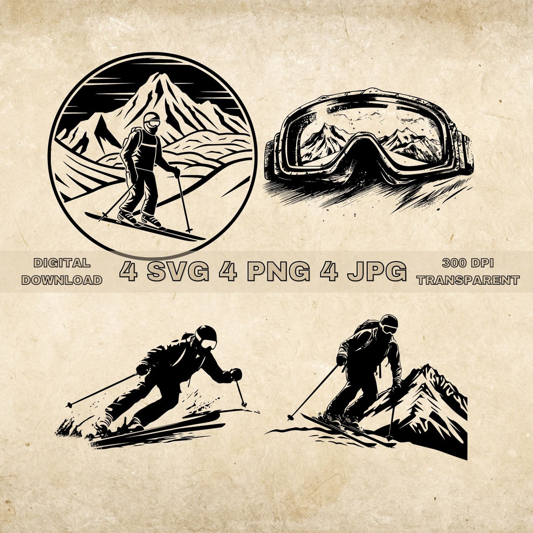 Ski SVG Bundle, PNG, Skiing Clipart, Hand Drawn Ski Scene Vector ...