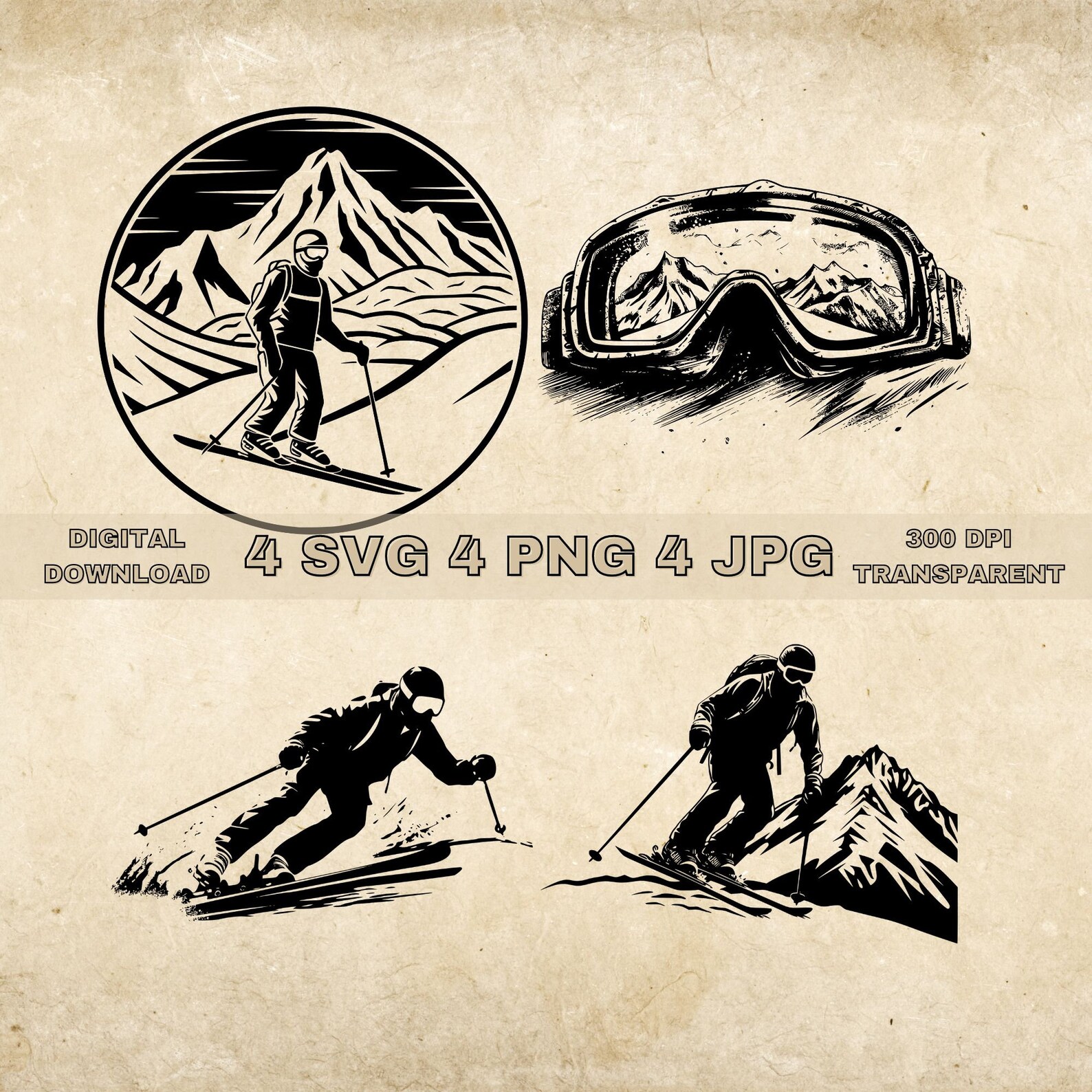 Ski SVG Bundle PNG Skiing Clipart Hand Drawn Ski Scene - Etsy