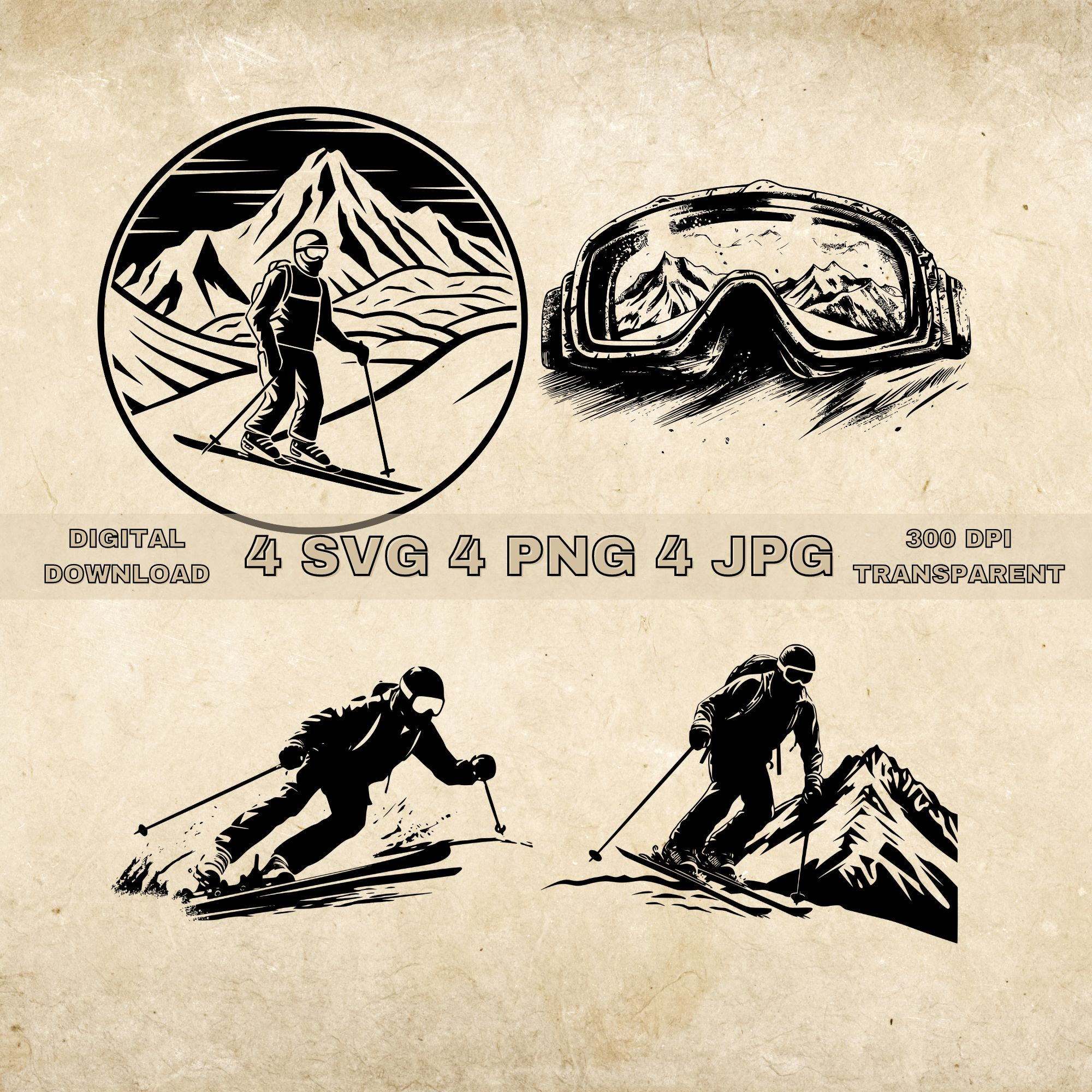 Ski SVG Bundle, PNG, Skiing Clipart, Hand Drawn Ski Scene Vector ...