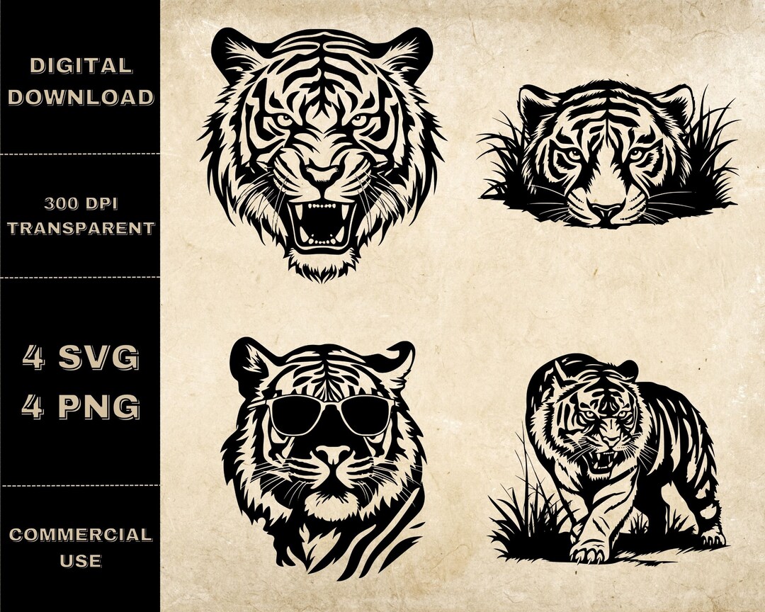 Tiger Face SVG Bundle, PNG, Tiger Clipart, Hand Drawn Tiger Vector Illustration, SVG Files for ...