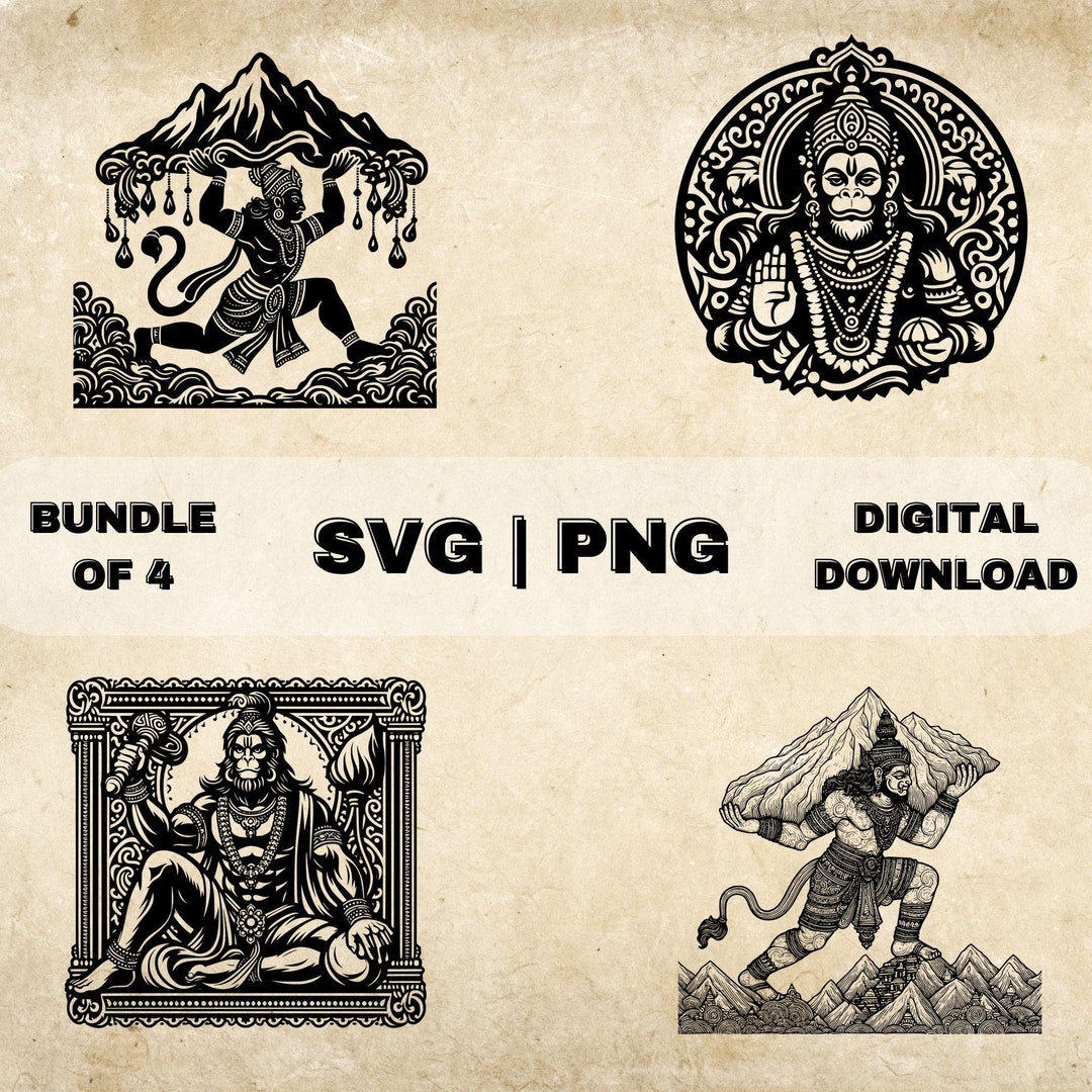 Hanuman SVG Bundle, Hindu God Clipart, Hand Drawn Hinduism Monkey God ...