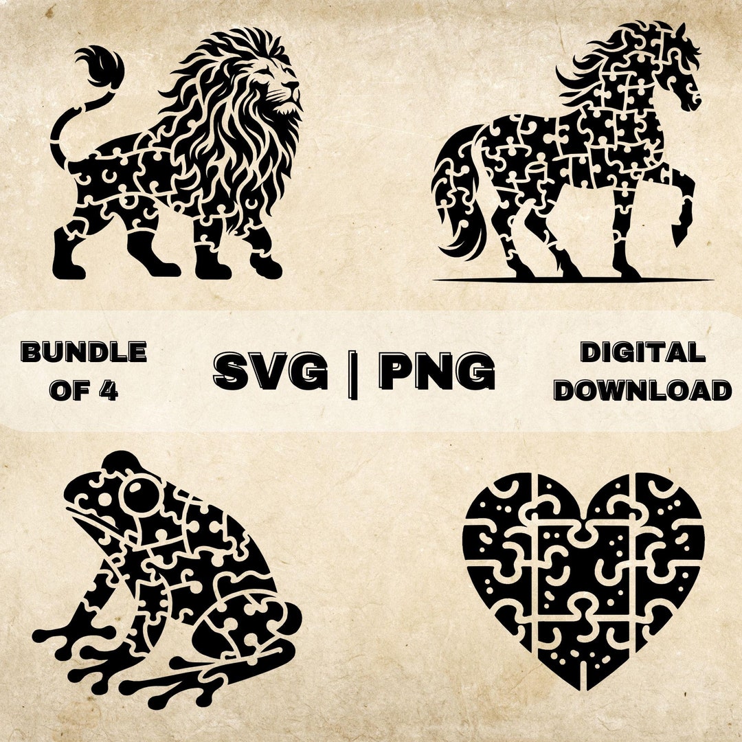 Puzzle Piece SVG Bundle, Puzzle Animals Clipart, Hand Drawn Puzzle ...