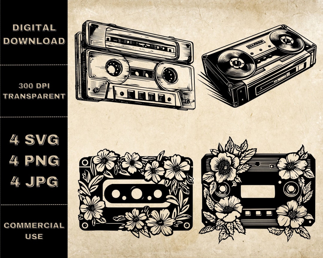 Cassette SVG Bundle, PNG, Floral Tape Clipart, Hand Drawn Cassette With ...