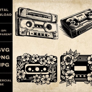 Cassette SVG Bundle, PNG, Floral Tape Clipart, Hand Drawn Cassette With ...