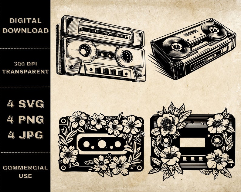 Cassette SVG Bundle PNG Floral Tape Clipart Hand Drawn - Etsy