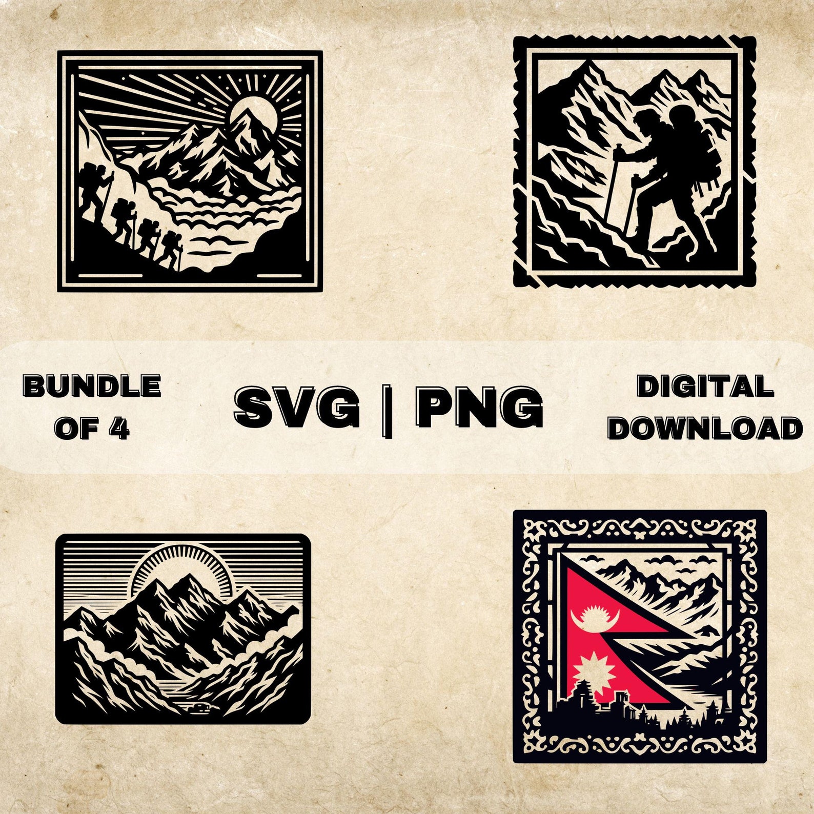Nepal SVG Bundle, Nepali Flag Clipart, Mount Everest, Mountain Climbing ...